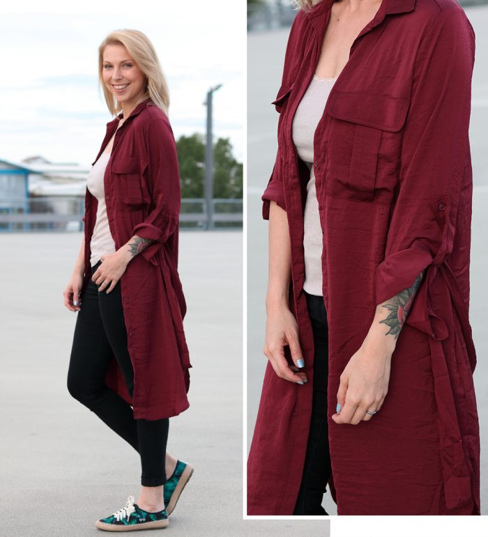 Outfit Longbluse H&M bordeaux Skinnyjeans Emu Agonis Black Palm ...